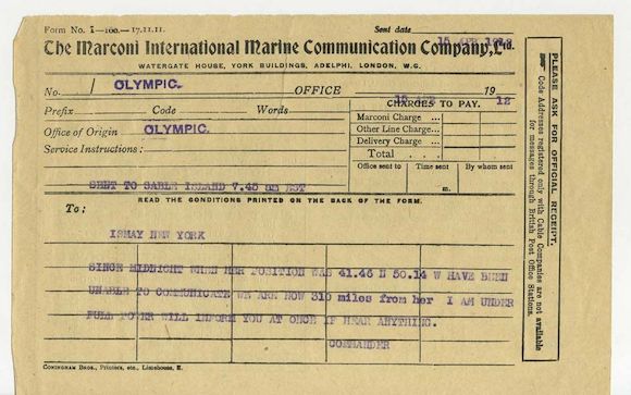 Bonhams : A Titanic related Marconigram, 07.45am EST 15.April.1912 5 ...