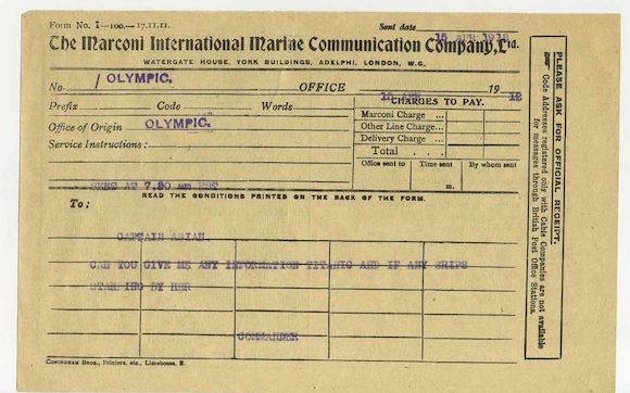 Bonhams : A Titanic related Marconigram, 07.50am EST 15.April.1912 5 ...