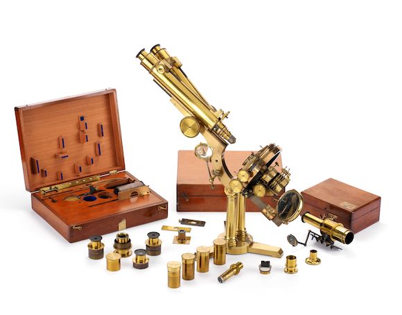 Bonhams : An R & J Beck brass binocular compound microscope, English ...