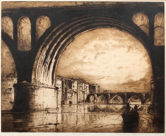 Bonhams : Sir Frank Brangwyn, R.A. (British, 1867-1956) Bridge at Albi signed in pencil to the ...