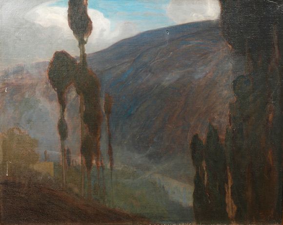 Bonhams : Cecil Arthur Hunt (British, 1873-1965) The cypresses of Assisi