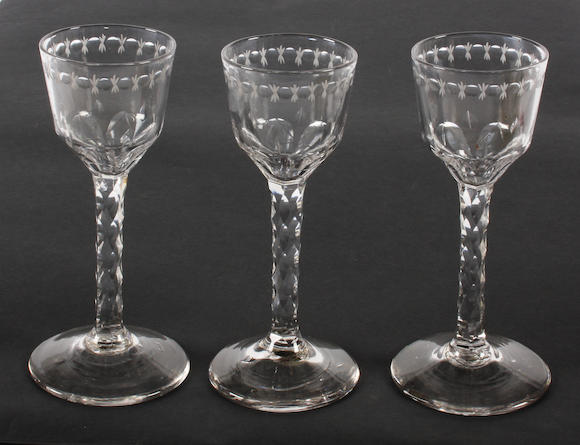 Bonhams A Set Of Three Facet Stem Wine Glasses Circa 1770