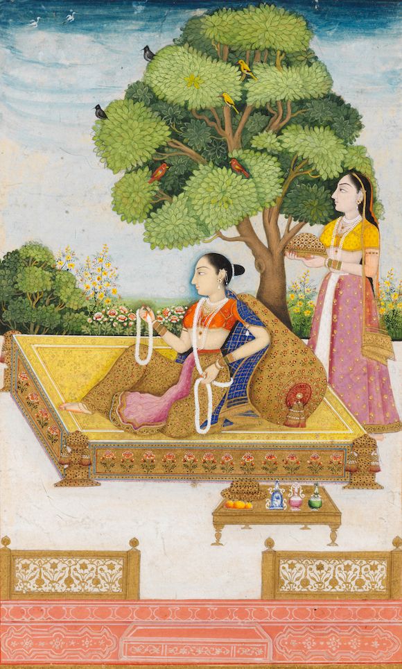 Bonhams : Kamod Ragini: a courtesan holding garlands seated against a ...