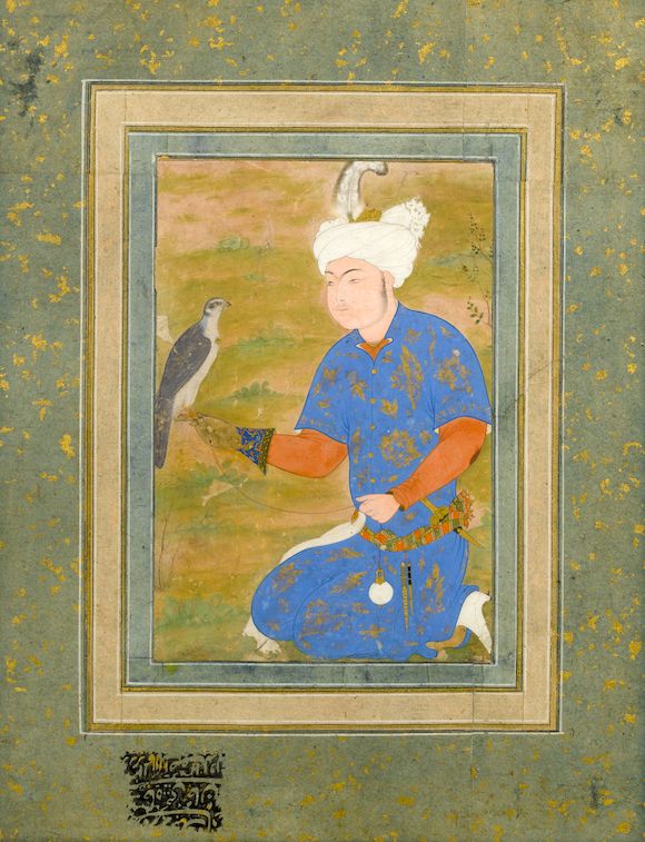 Bonhams : A portrait of a kneeling royal prince with a falcon Safavid ...