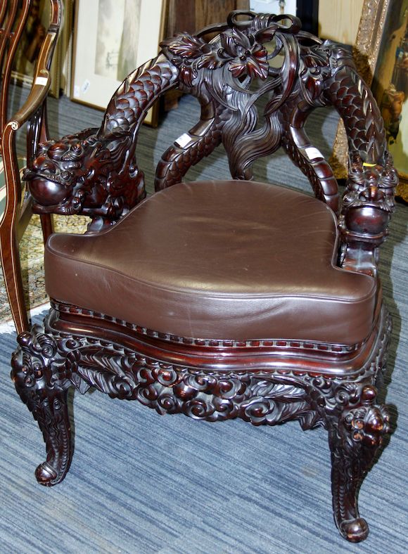 Bonhams : A late 19th Century Chinese carved softwood desk chair,