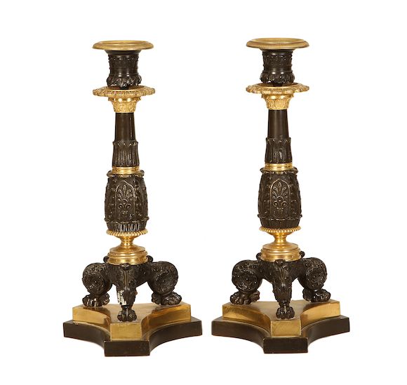 Bonhams : A pair of Regency gilt and patinated bronze candlesticks