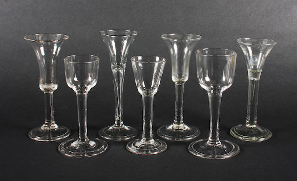 Bonhams Seven Plain Stem Wine Glasses Circa 1770