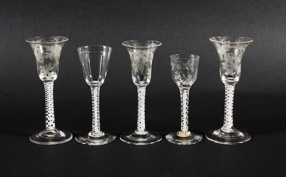 Bonhams Five Opaque Twist Wine Glasses Circa 1760
