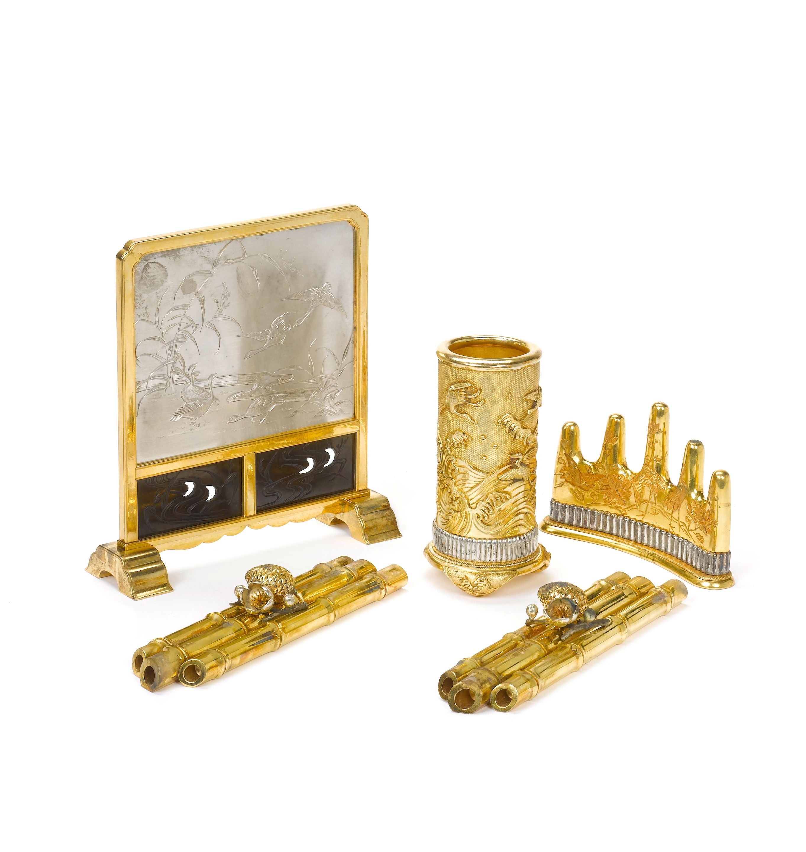 Bonhams : A set of five gilt-bronze writing utensils Showa Period