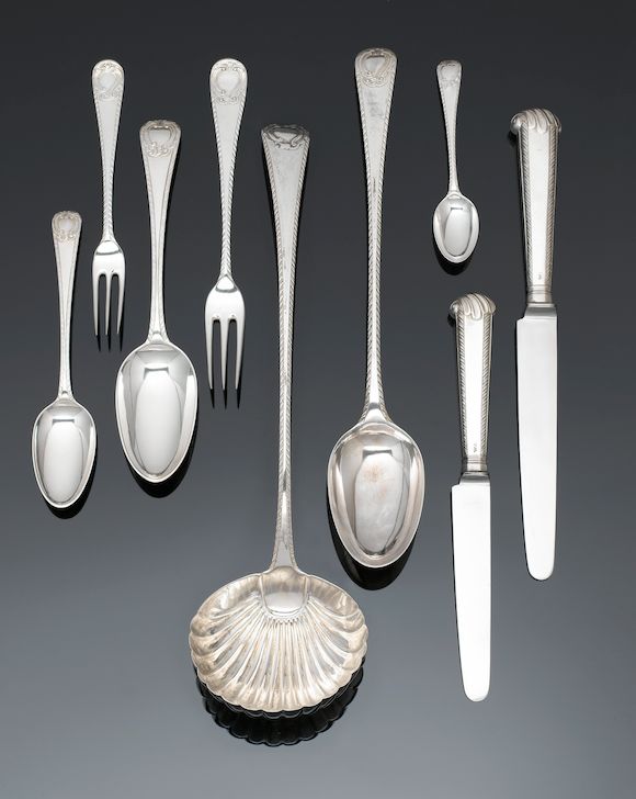 Bonhams : A George II / III silver Old English pattern table service of ...