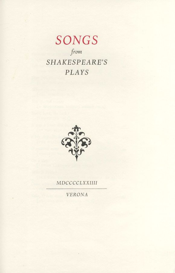 Bonhams : BODONI PRESS SHAKESPEARE (WILLIAM) Songs, ONE OF 300 COPIES