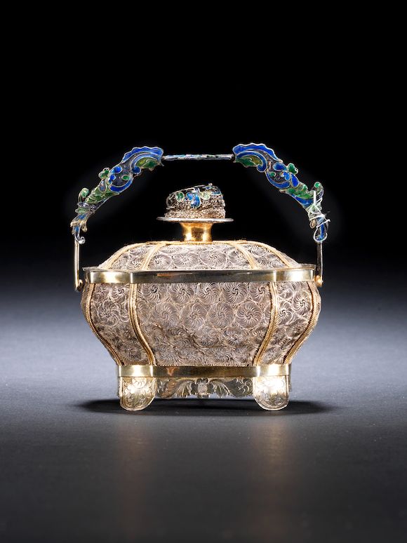 Bonhams : A silver-gilt filigree and enamel box and cover First half of ...