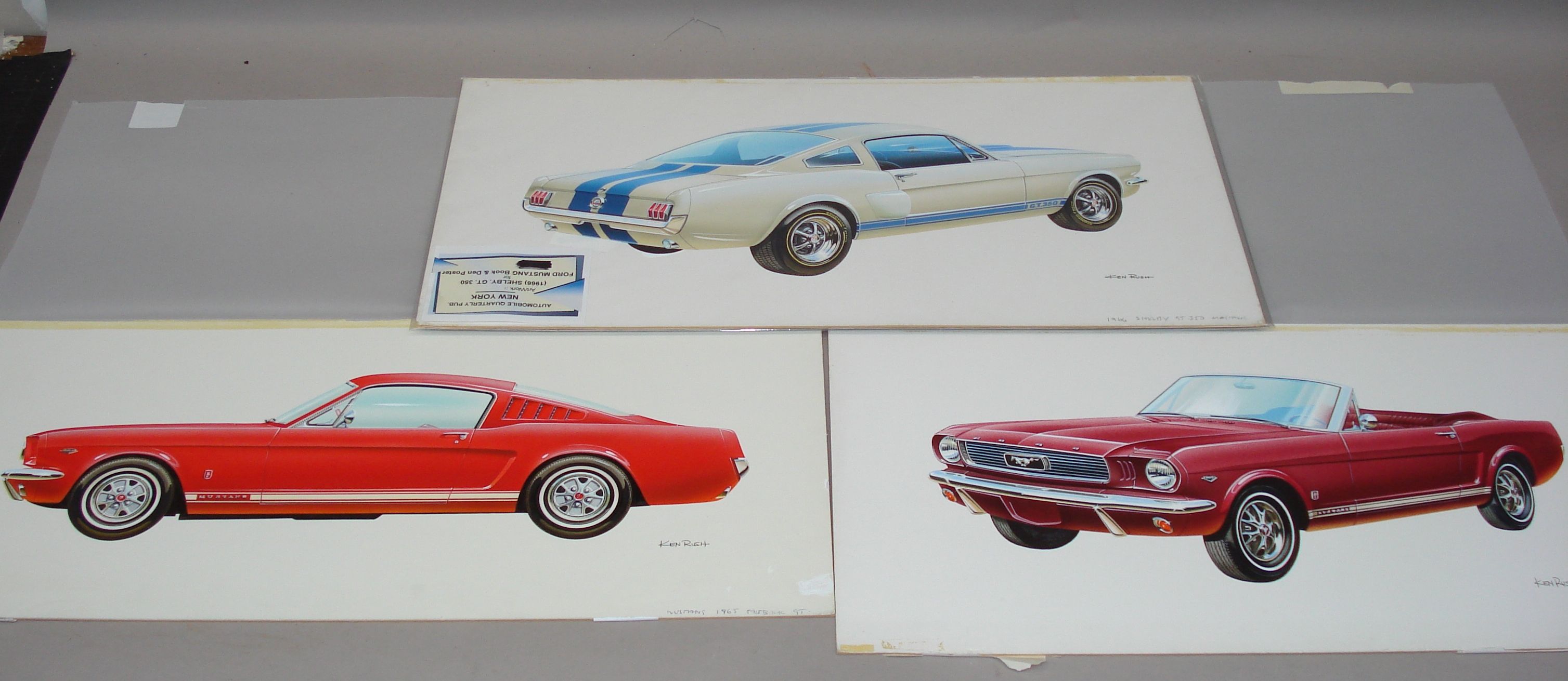 Bonhams Cars : Three drawings by Ken Rush depicting Ford Mustang cars,