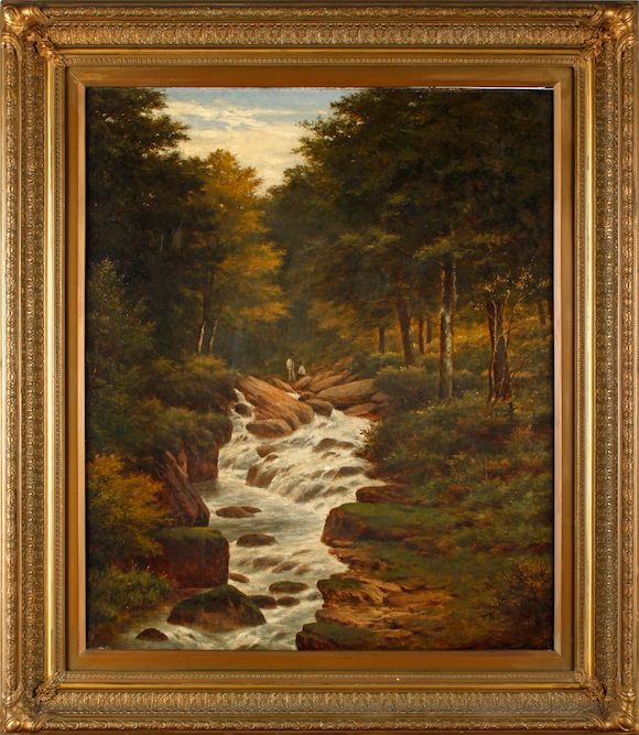 Bonhams : Julius Godet (British) Wooded landscape with figures by a ...