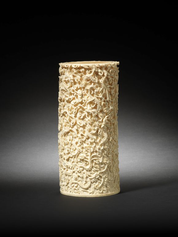 Bonhams : A large ivory 'dragon' cylindrical brushpot, bitong Late Qing ...