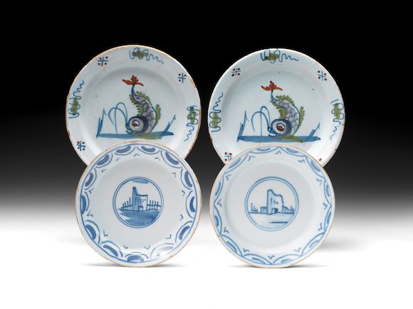 Bonhams : Two pairs of London delftware plates, circa 1730 and 1770