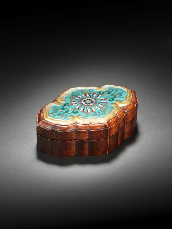Bonhams : A cloisonné enamel and huanghuali lobed lozenge-shaped box ...
