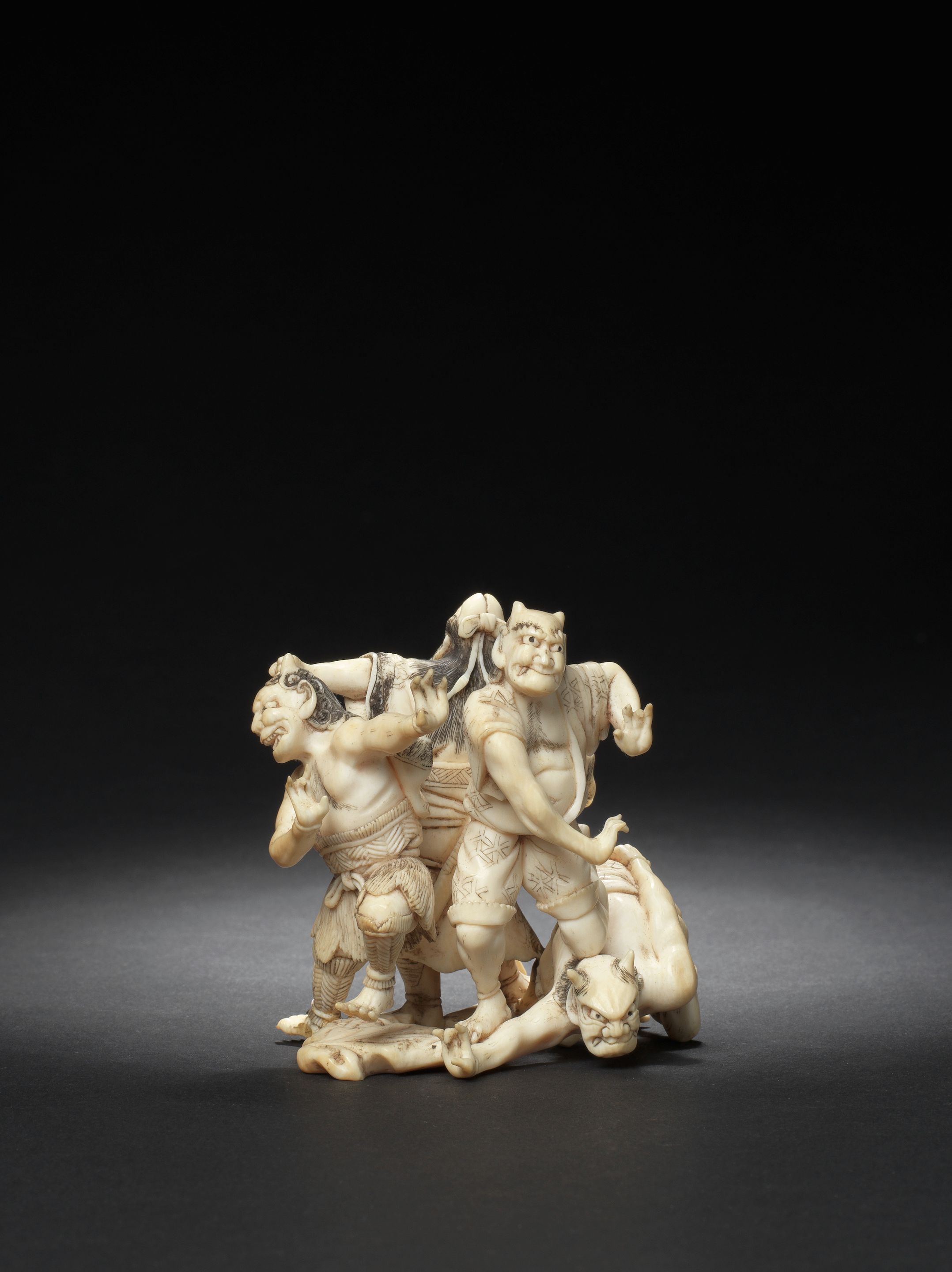 Bonhams : An ivory figural group of Shoki and three oni By Nanko, Meiji ...
