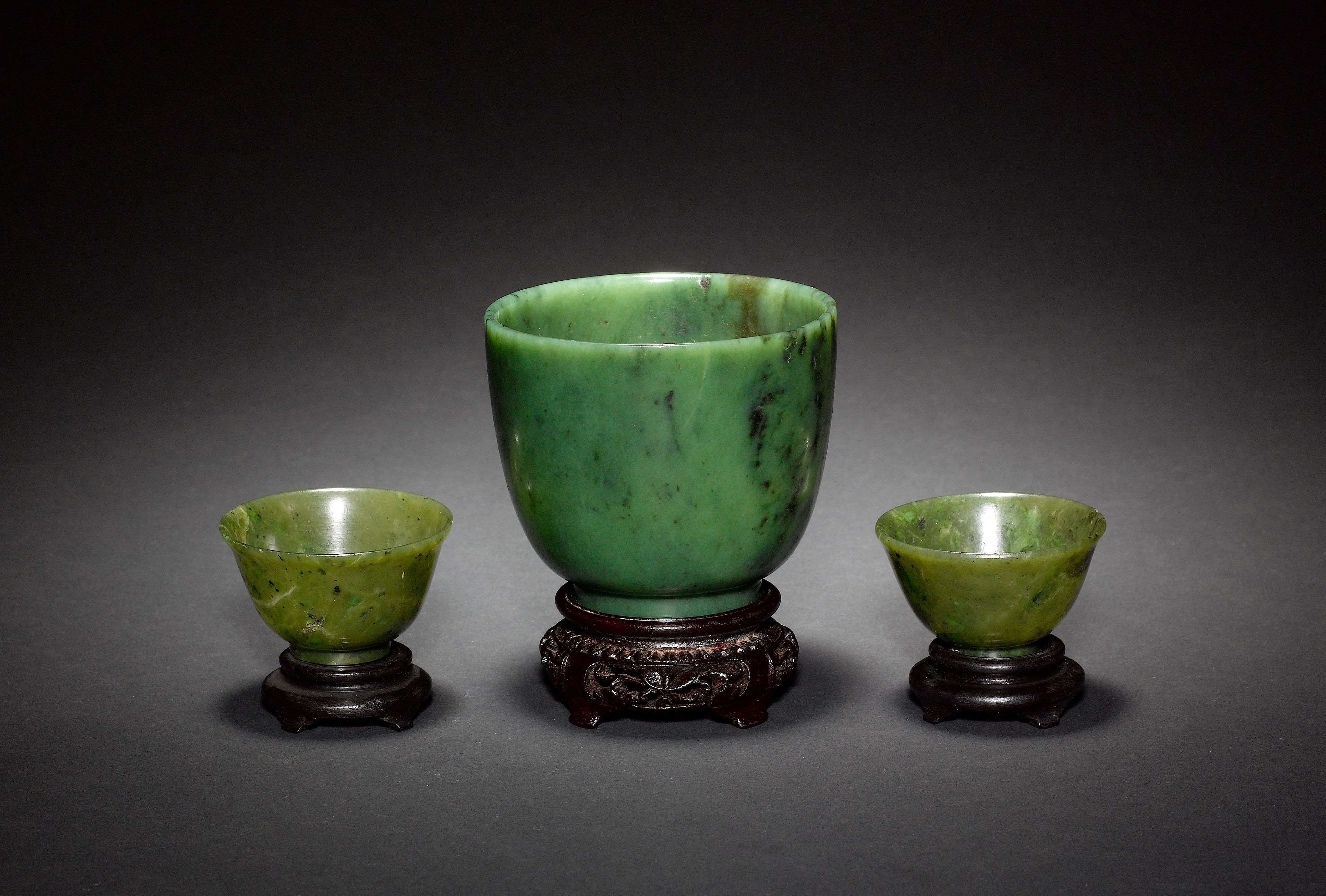 Bonhams : Three jade cups; each one of mottled spinach-green hue and ...