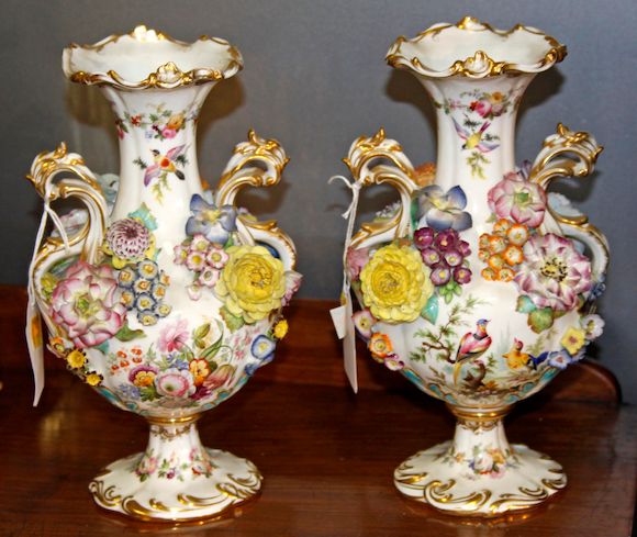 Bonhams : A pair of Coalbrookdale flower encrusted baluster vases,