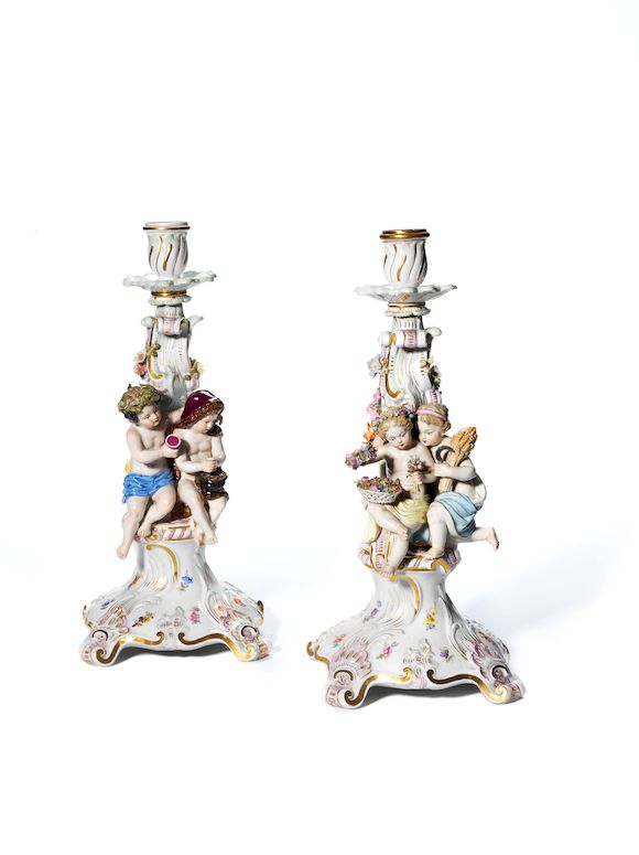 Bonhams : A pair of Meissen porcelain candlesticks allegorical of the ...