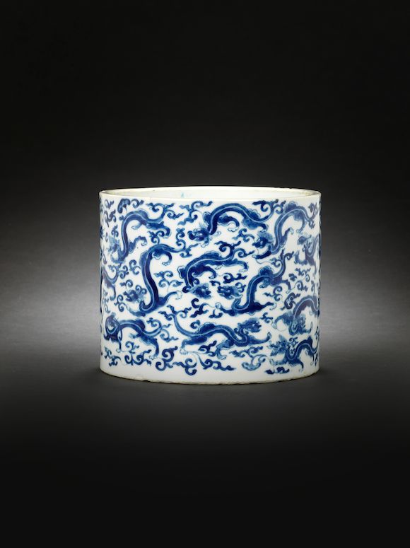Bonhams : A blue and white cylindrical brushpot, bitong Kangxi, four ...