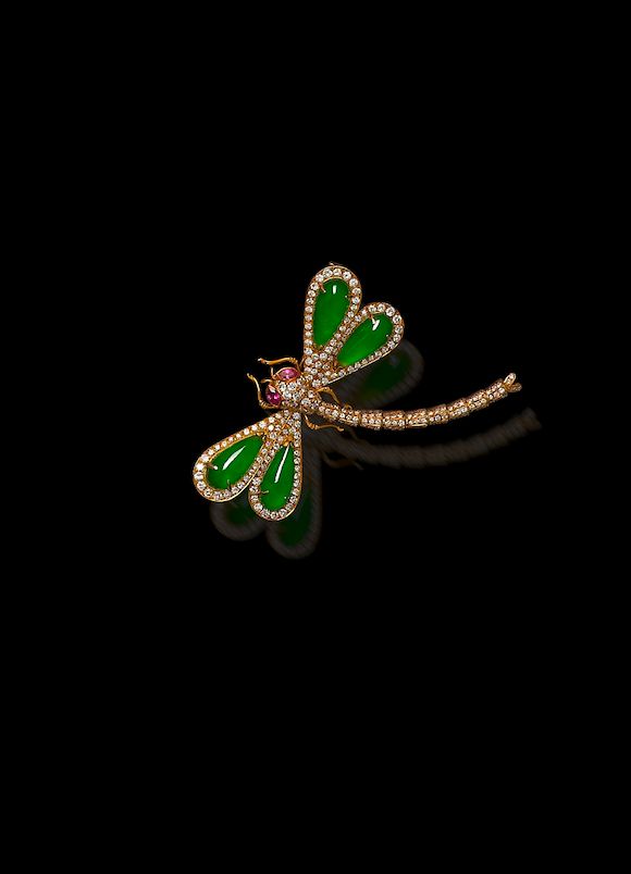 Bonhams : A jadeite, diamond and ruby dragonfly brooch