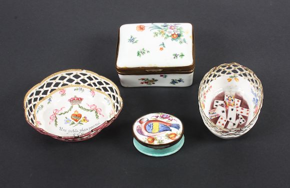 Bonhams : Two French enamel counter trays, a French enamel patch box ...