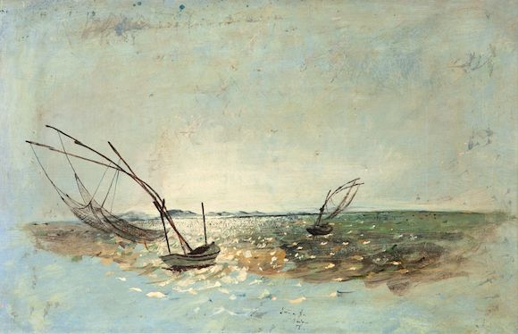 Bonhams : Spyros Vassiliou (Greek, 1902/3-1984) Fishing boats 25 x 40 cm.