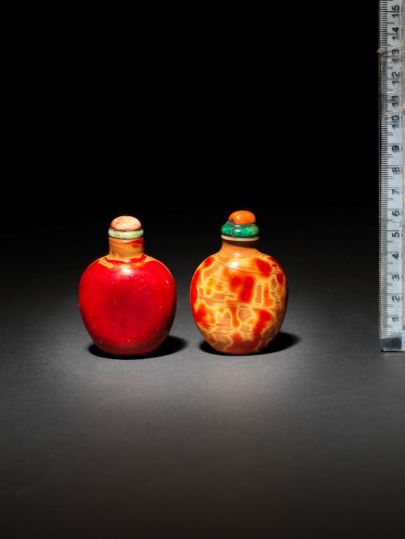 Bonhams : Two 'realgar' glass snuff bottles 1750-1850
