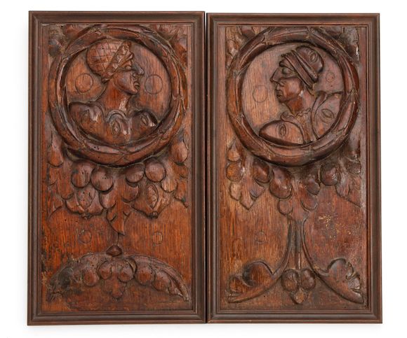 Bonhams : A pair of 16th Century oak 'Romayne' panels