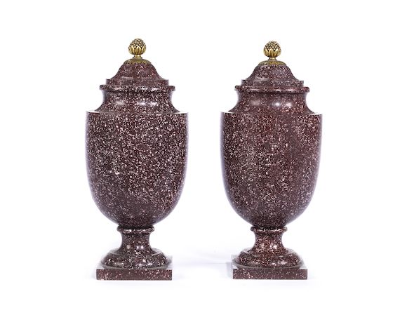 Bonhams : A pair of 19th century ormolu-mounted porphyry urns