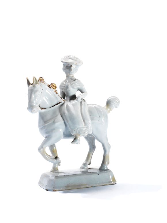Bonhams : A rare Dutch Delft figure of a lady on horseback, circa 1740