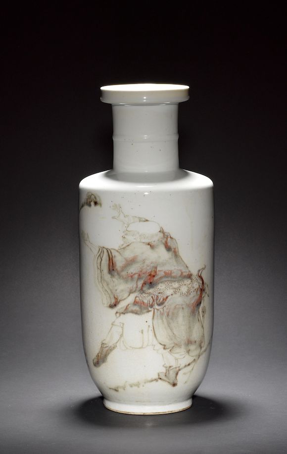 Bonhams : An underglaze red vase of rouleau form.