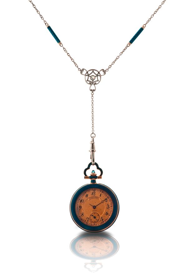 Bonhams : Longines. A fine 18ct gold enamel ladies pendant fob watch ...