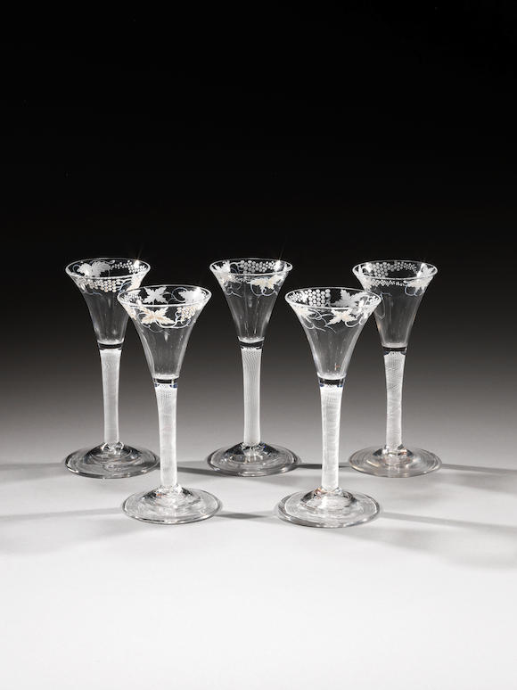 Bonhams A Set Of Five Beilby Enamelled Opaque Twist Wine Glasses