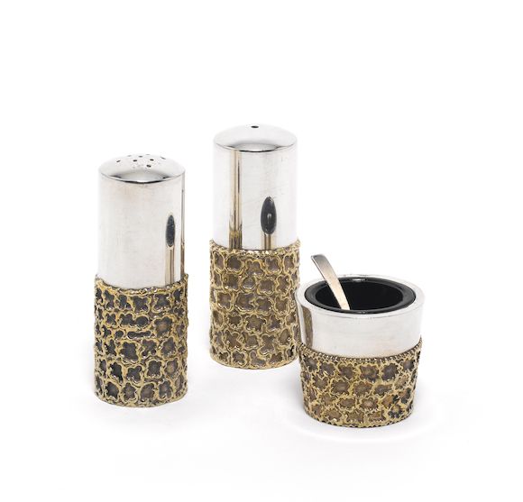 Bonhams : STUART DEVLIN: A silver and silver-gilt three-piece cruet ...