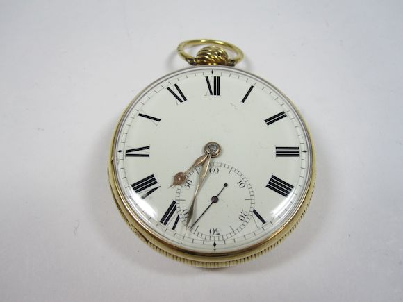 Bonhams : An 18ct gold open faced pocket watch, London 1820