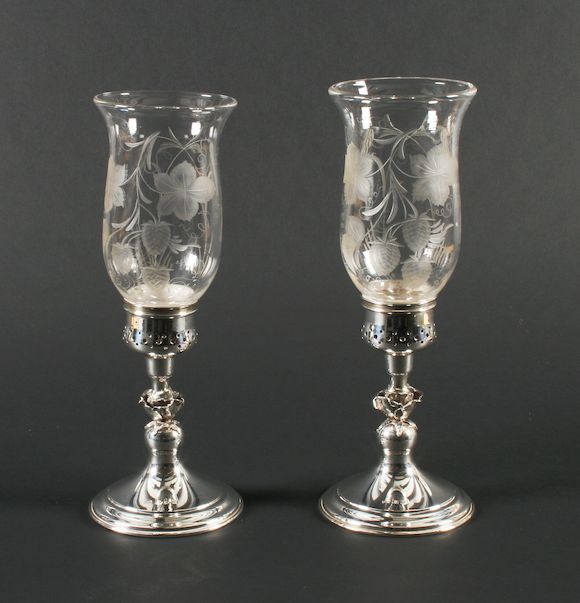 Bonhams : A modern pair of silver storm type lanterns with Stuart acid ...