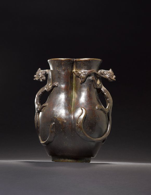 Bonhams : A bronze 'chilong' double vase Late Ming / early Qing dynasty