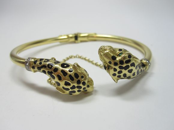 Bonhams : An enamel and diamond leopard bangle