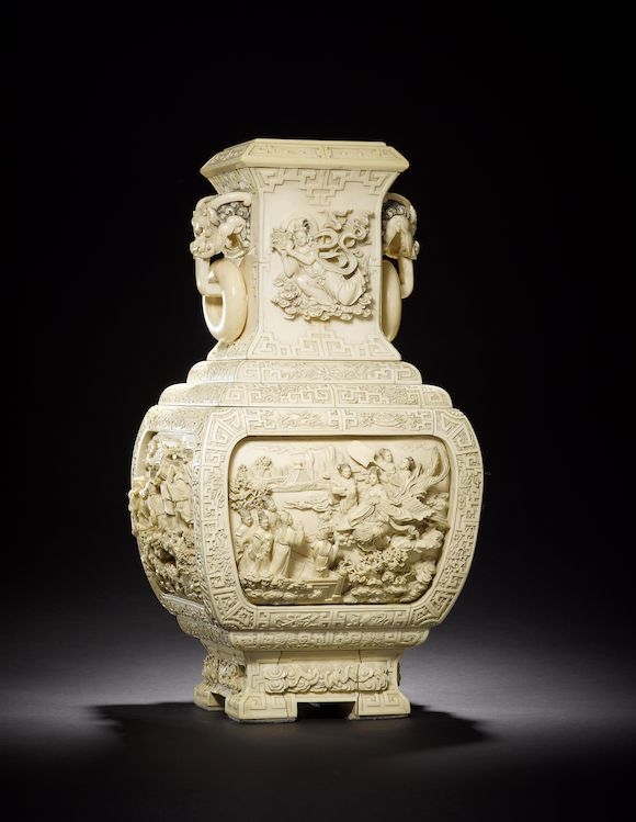 Bonhams : An extraordinary pair of large exquisitely carved ivory vases ...