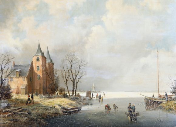Bonhams : A. de Groote (Dutch, 1892-1947) Figures on a frozen river