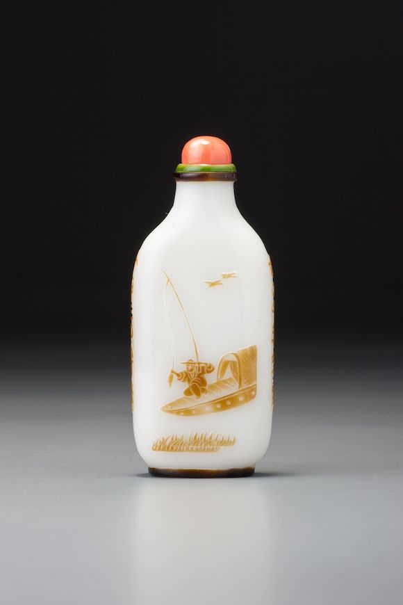 Bonhams : An inscribed olive-brown glass overlay 'hunter and fisherman ...