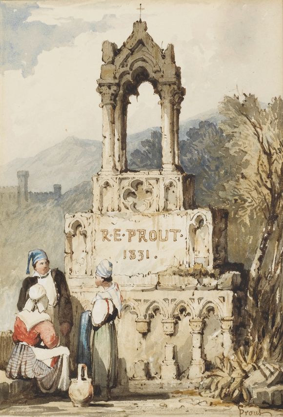 Bonhams : Samuel Prout, FSA, OWS (British, 1783-1852) Peasants by a shrine