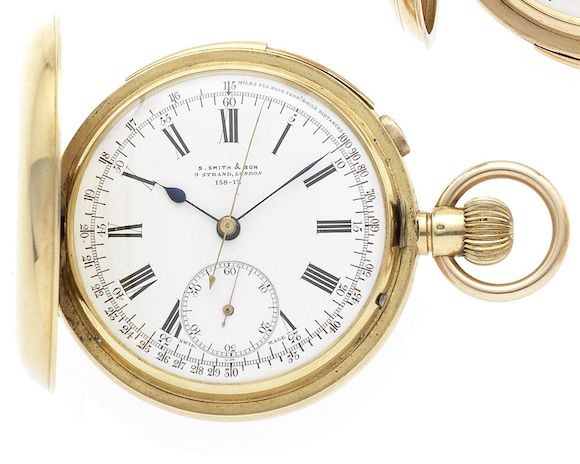 Bonhams : S.Smith & Sons. A late 19th century 18ct gold full hunter quarter repeating ...