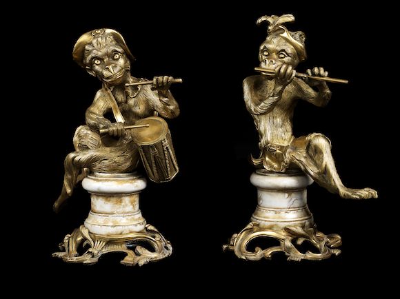 Bonhams : A pair of French 18th century gilt bronze Monkey Musicianson ...