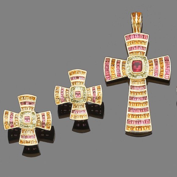 Bonhams : A gem-set cross pendant and earring suite, by Theo Fennell (2)