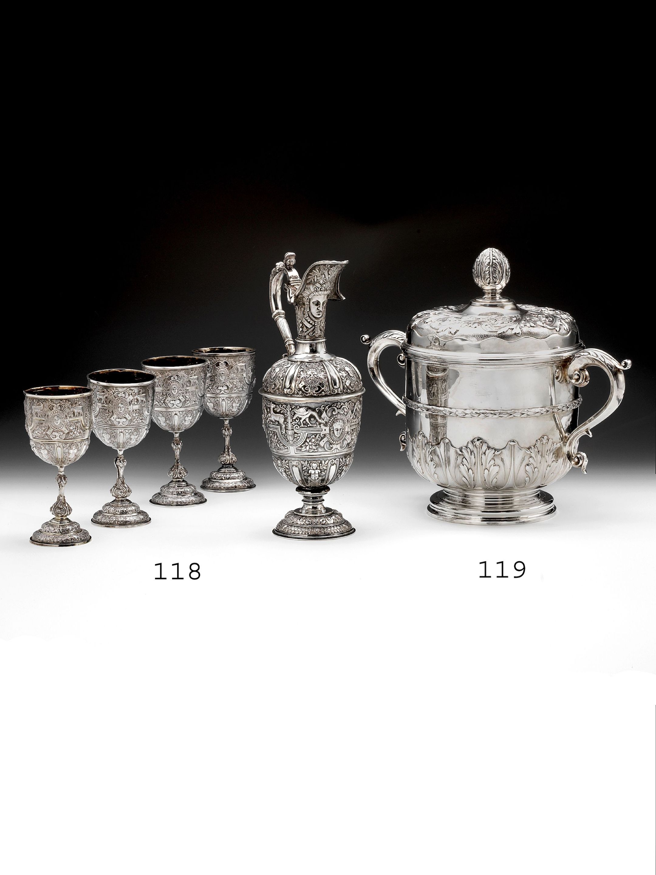 Bonhams : A Victorian silver Cellini pattern ewer and four goblets, by ...