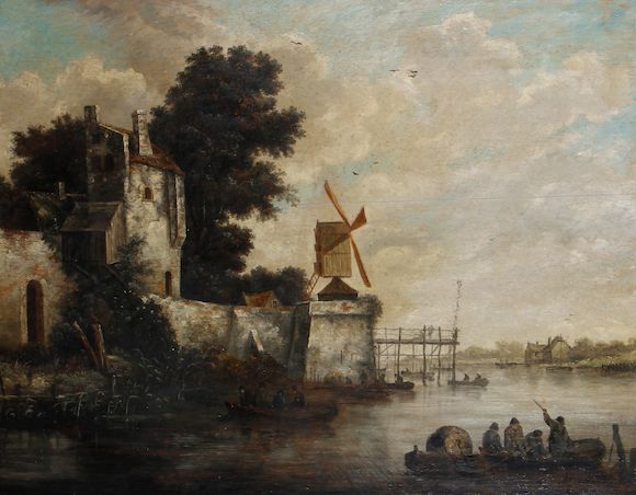 Bonhams : Manner of Jacob Salomonsz. van Ruysdael Barges approaching a ...